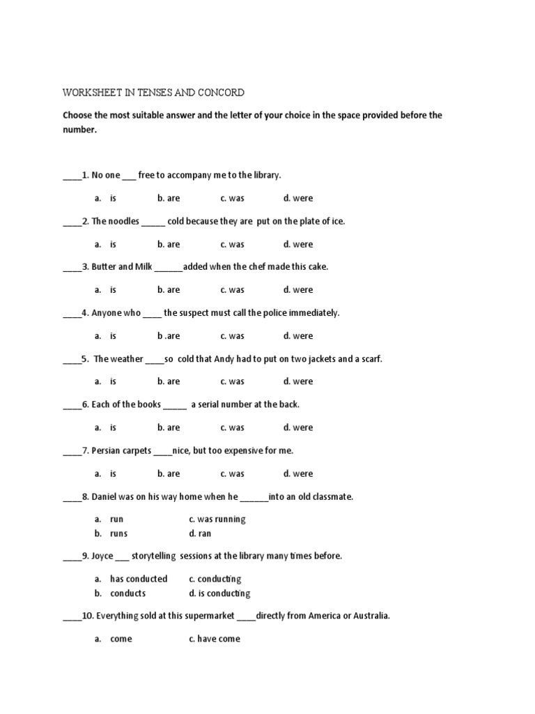 Tenses and Concord Worksheet | PDF
