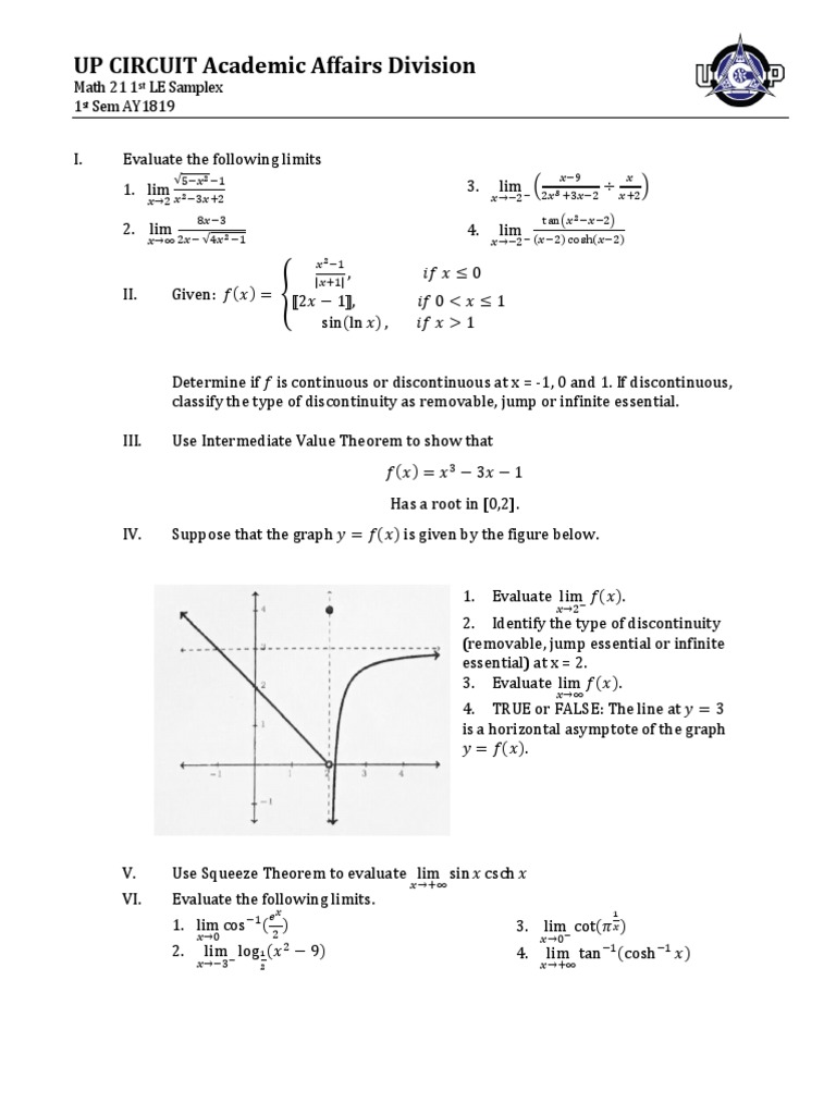 UP CIRCUIT Academic Affairs Division: Math 21 1 LE Samplex 1 Sem AY1819 | PDF | Mathematics ...