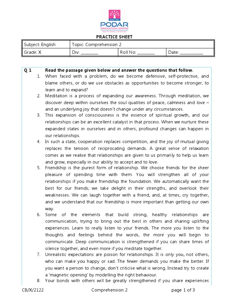 English Comprehension Practice Sheet | PDF | Meditation | Experience