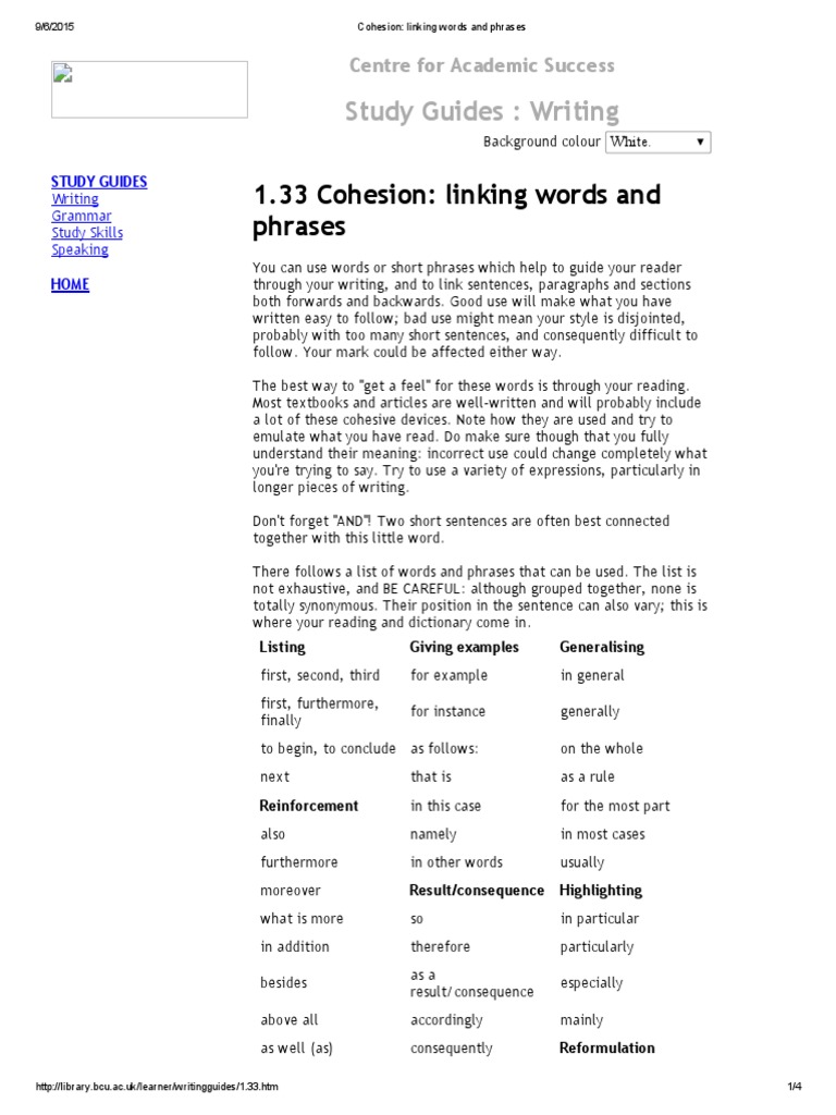 Cohesion: Linking Words Explained | PDF | Phrase | Sentence (Linguistics)