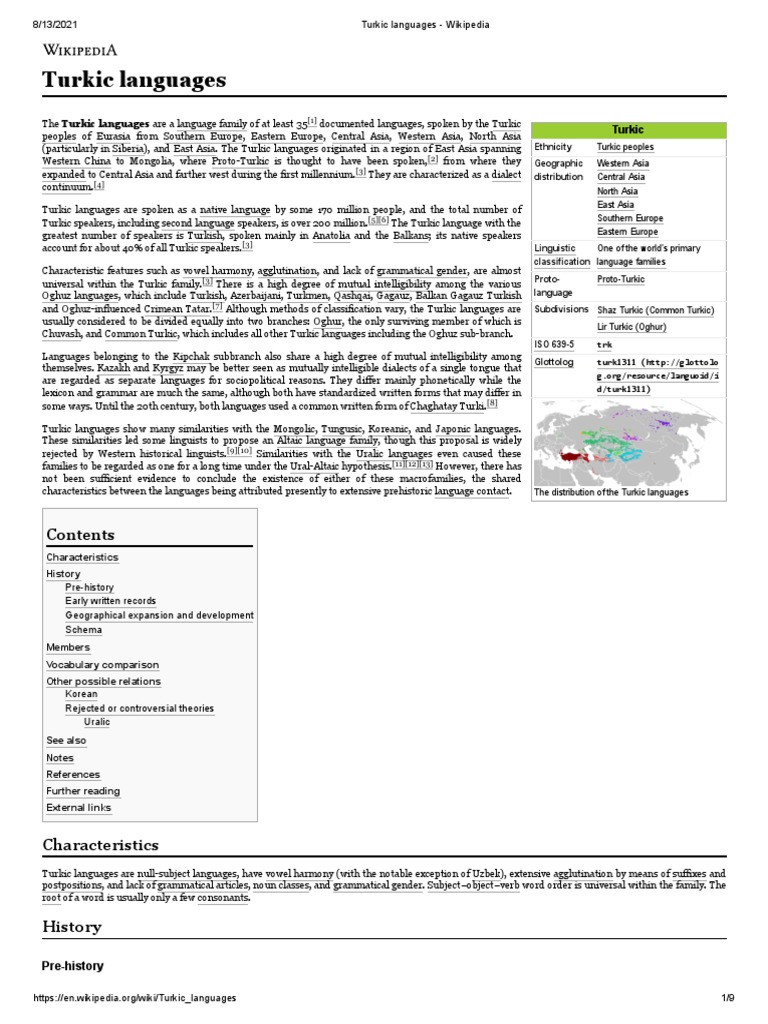 Turkic Languages - Wikipedia | PDF | Central Asia | Language Families