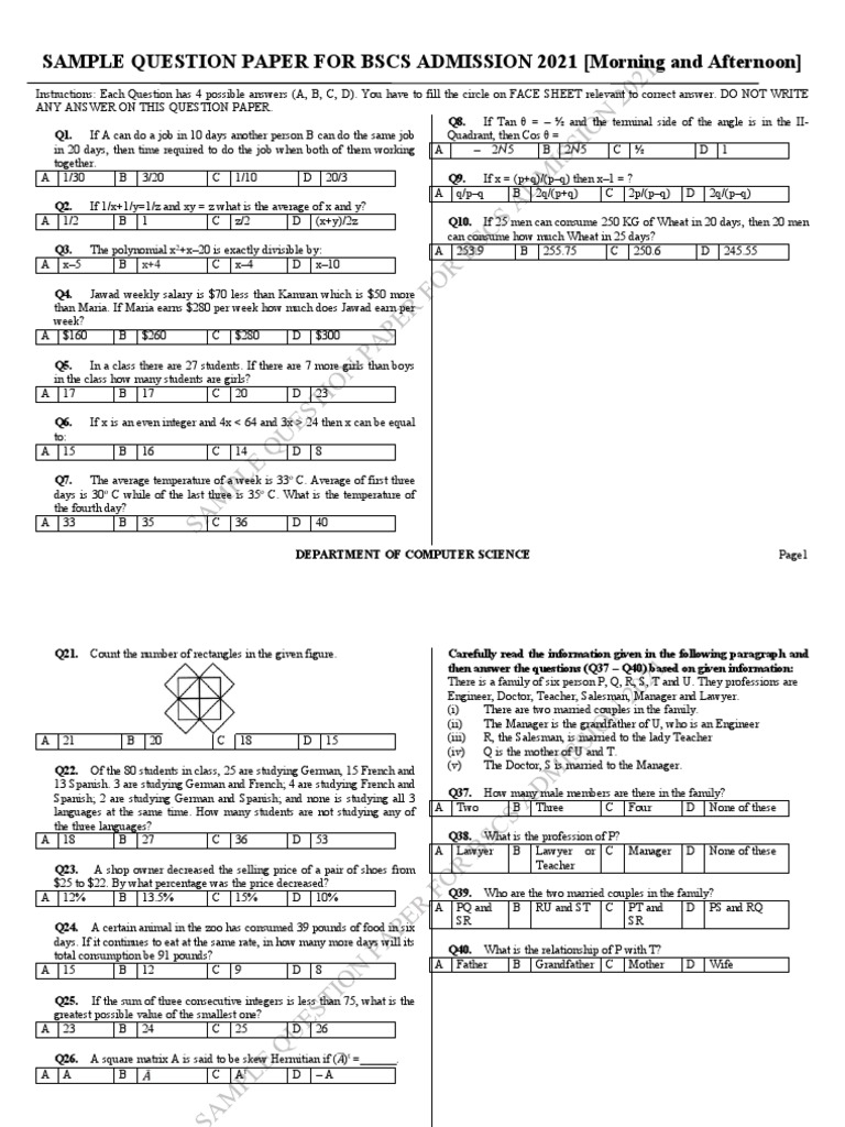 SAMPLE QUESTION PAPER FOR BSCS ADMISSION 2021 (Morning and Afternoon) | PDF