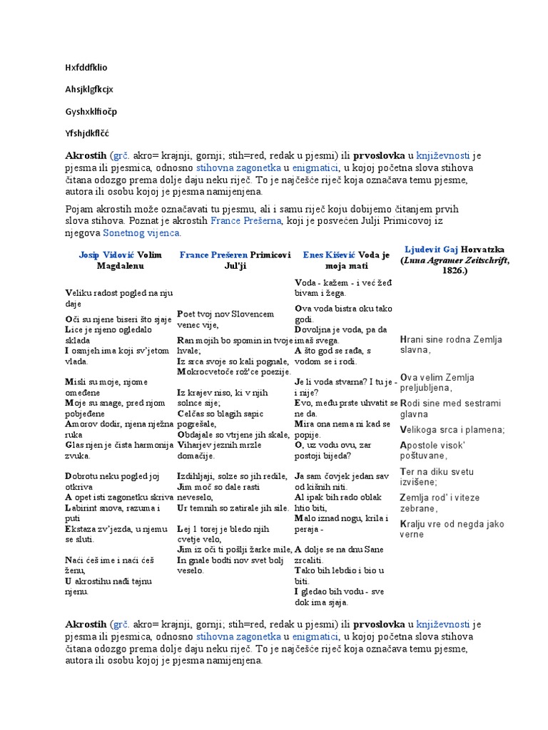 GRČ Književnosti Stihovna Zagonetka Enigmatici: Akrostih ( | PDF