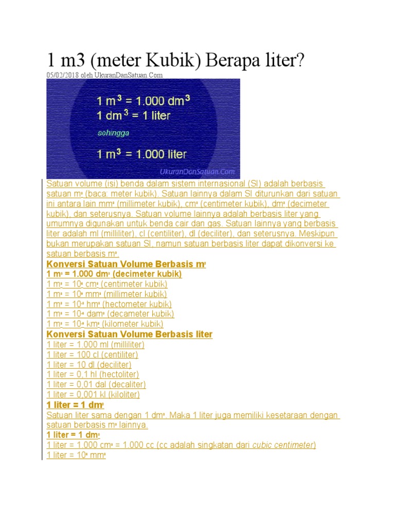 1 m3 (Meter Kubik) Berapa Liter?: Konversi Satuan Volume Berbasis M | PDF