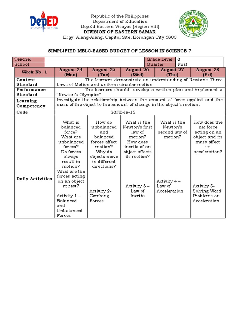 Final Template Budget of Lesson Science 8 q1w1 | PDF | Force | Inertia