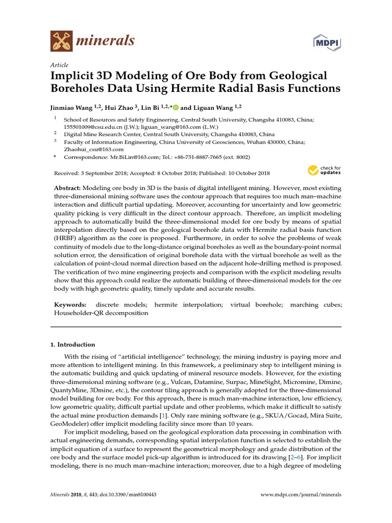 Implicit 3D Modeling of Ore Body From Geological Boreholes Data Using Hermite Radial Basis ...