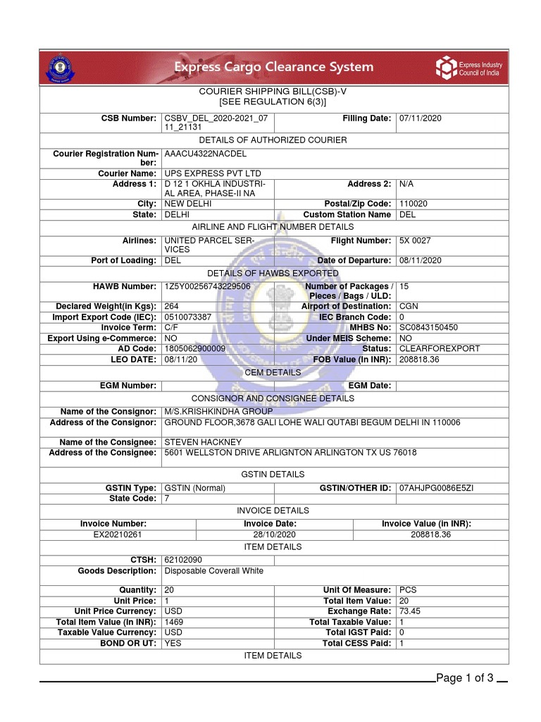 Courier Shipping Bill (CSB) - V (See Regulation 6 (3) ) : Page 1 of 3 ...