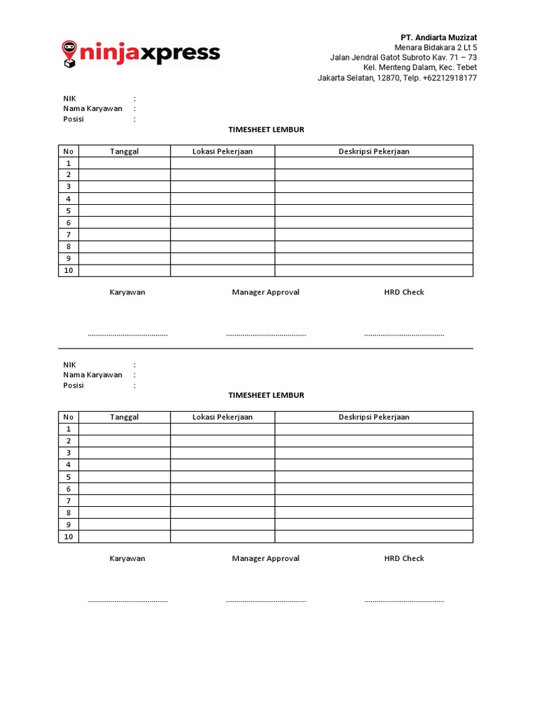 Template Timesheet Lembur - Staff | PDF