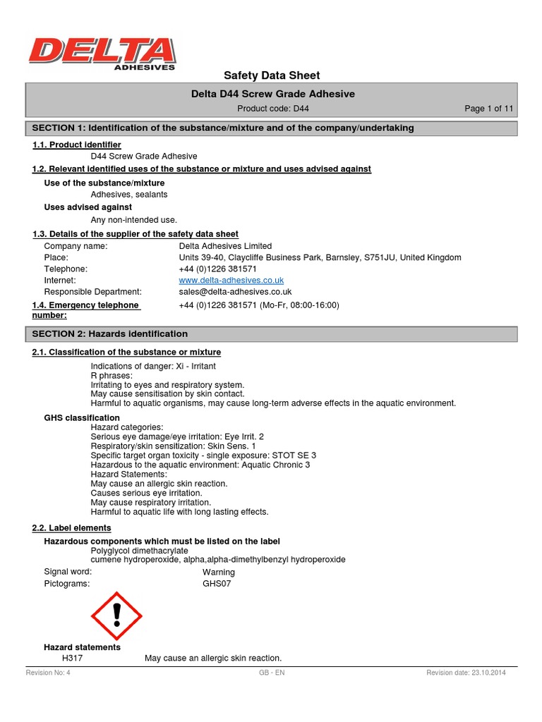 Safety Data Sheet: Delta D44 Screw Grade Adhesive | PDF | Toxicity ...