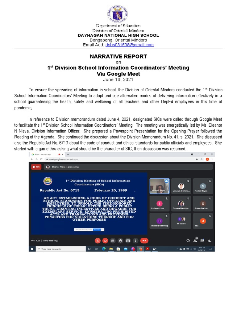 Narrative Report 1 Division School Information Coordinators' Meeting Via Google Meet | PDF ...