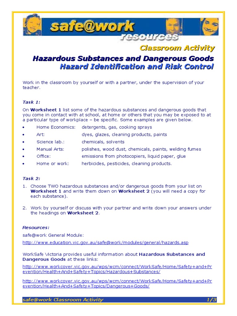 Classroom Activity Hazardous Substances and Dangerous Goods Hazard ...