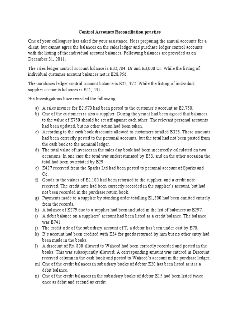 Control Accounts Reconciliation Practise | PDF | Debits And Credits ...