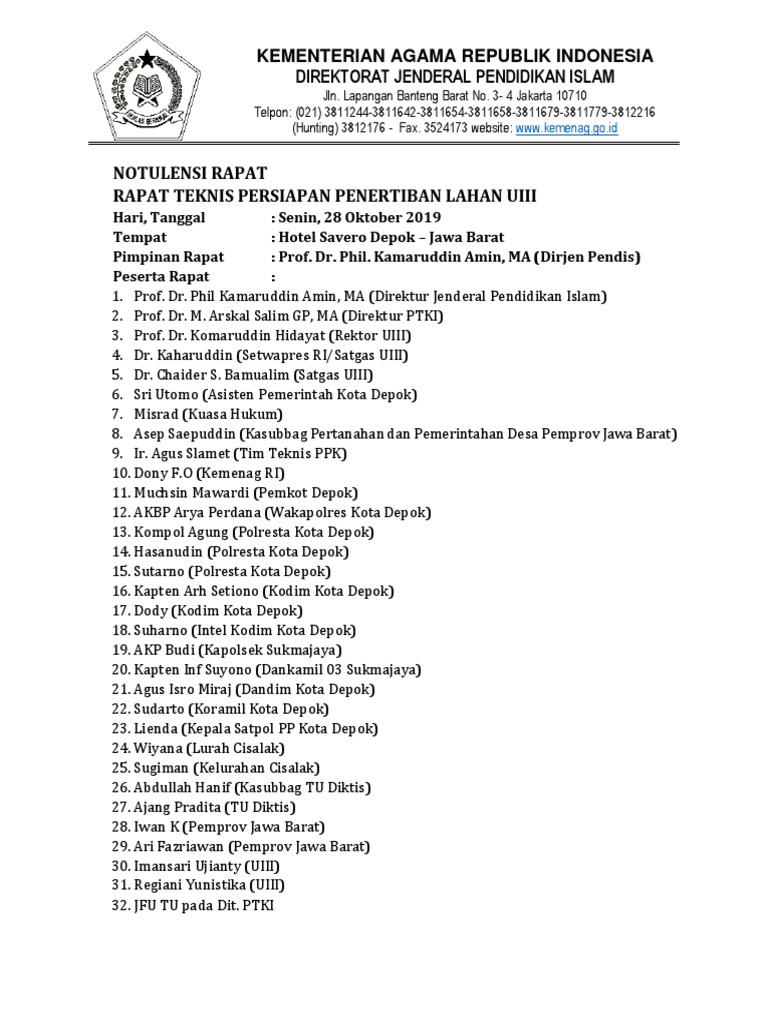 (Notulensi Rapat) Persiapan Teknis Penertiban Lahan UIII-1 | PDF