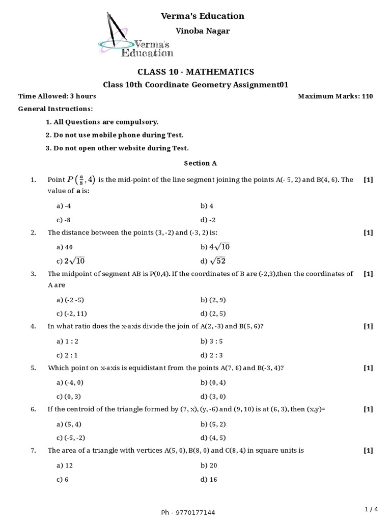 Maths 05 Coordinate Geometry Class 10 Practice Questions | Download ...