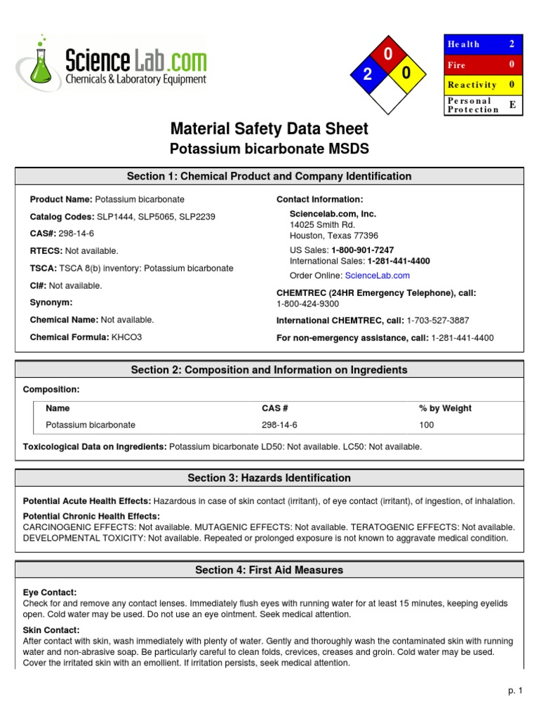 Msds Potassium Bicarbonate (Apar Powder) | PDF | Toxicity | Personal ...