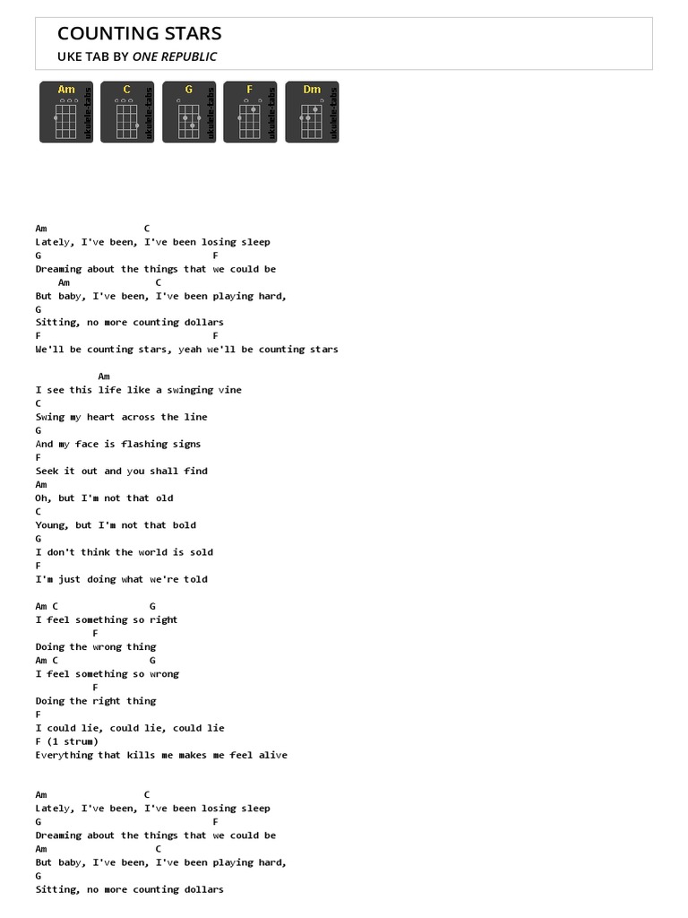 Counting Stars Uke Tab by One Republic - Ukulele Tabs | PDF