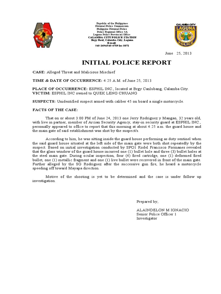 Initial Police Report: Calamba City Police Station Brgy Real, Calamba ...