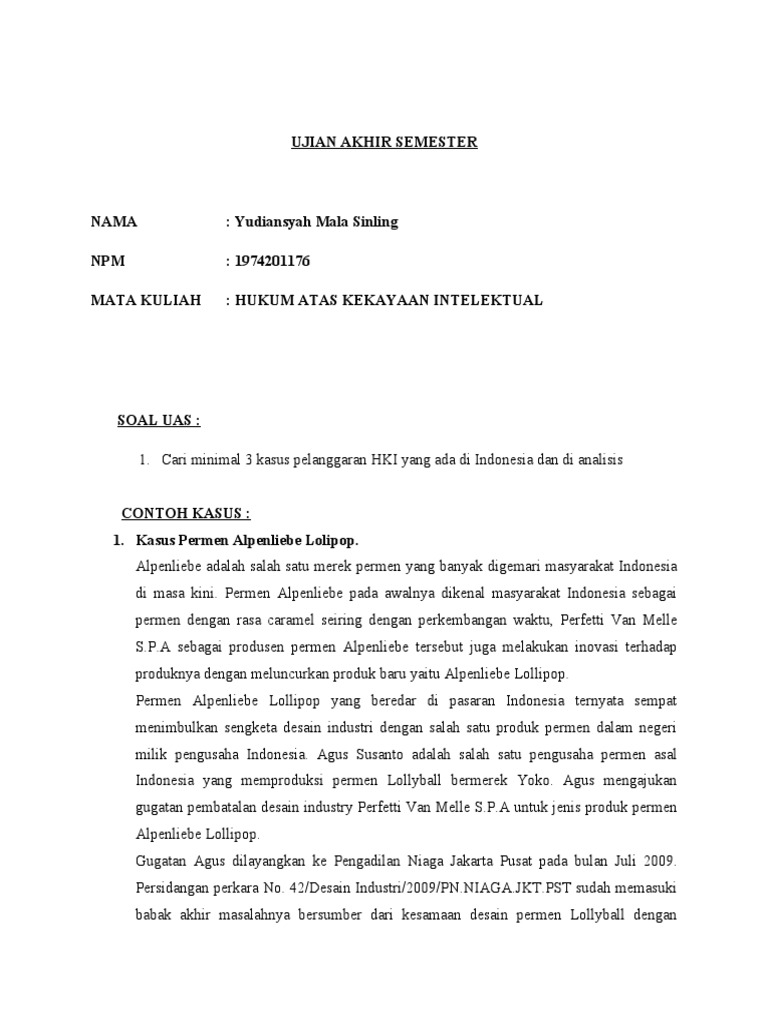 UAS Hukum HKI Yudiansyah Mala Sinling 1974201176 | PDF