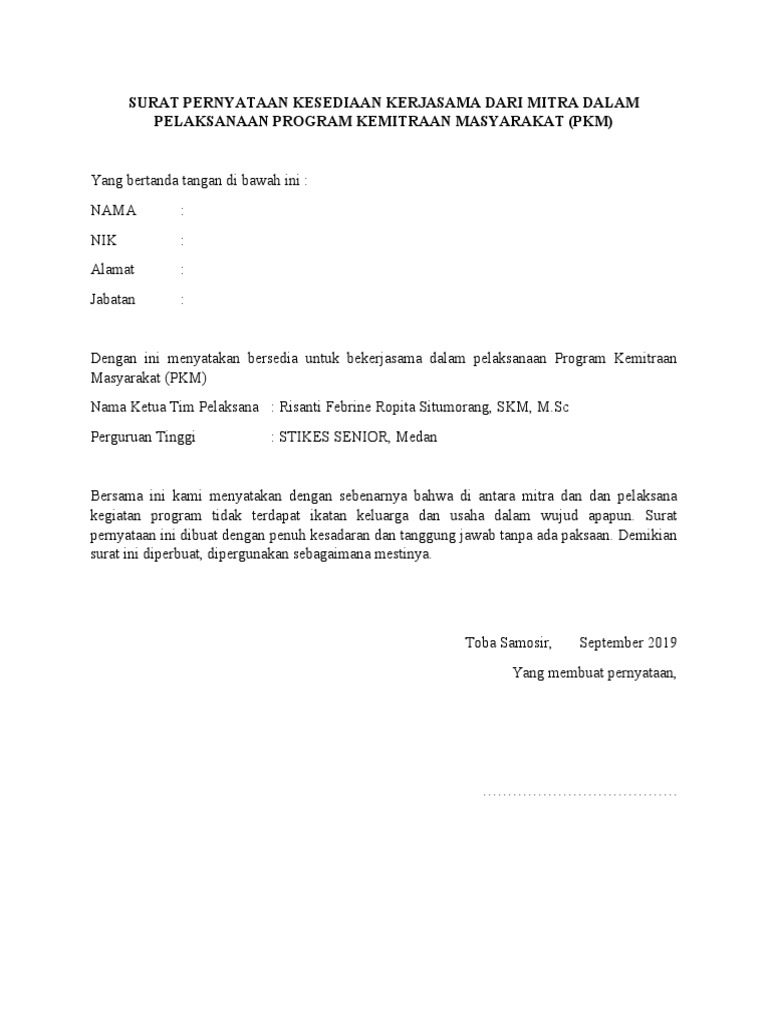 Surat Pernyataan Kesediaan Kerjasama Dari Mitra Dalam Pelaksanaan Program Kemitraan Masyarakat | PDF