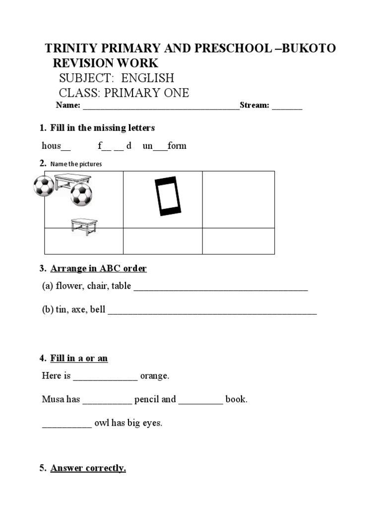 Class: Primary One: Trinity Primary and Preschool - Bukoto Revision ...