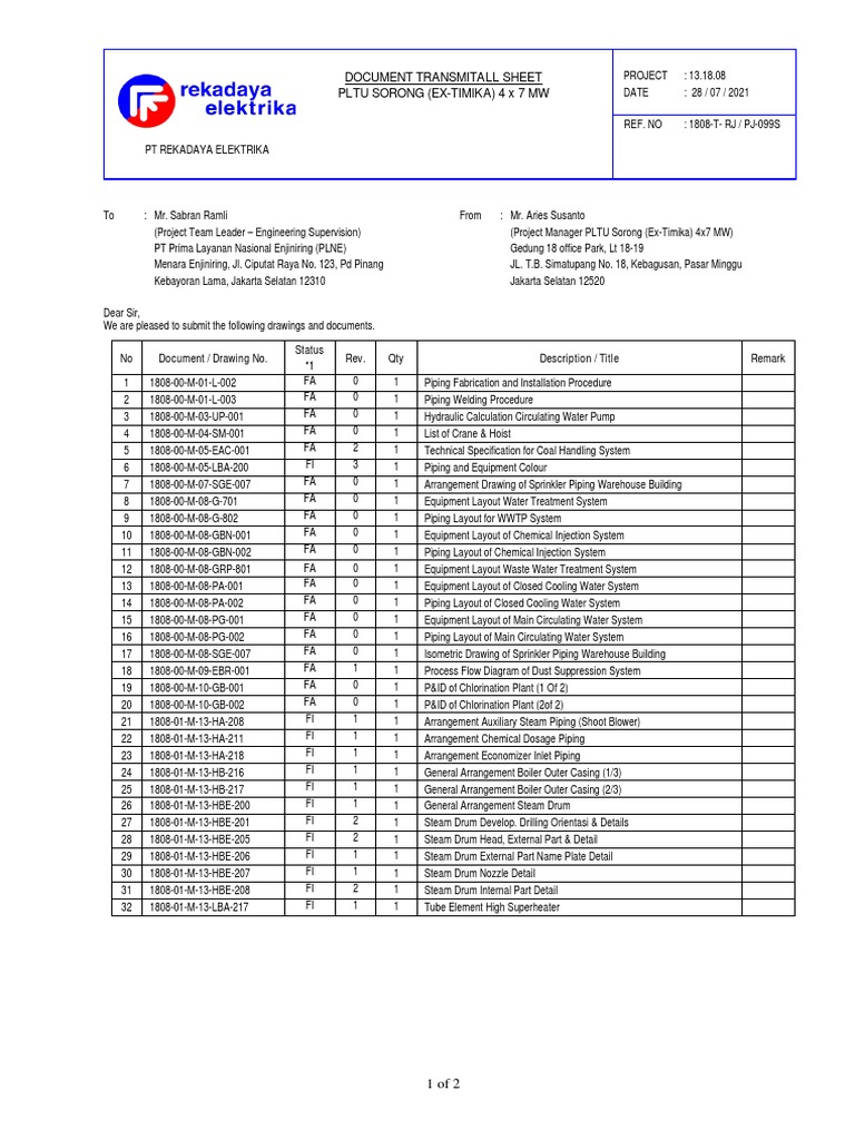 Transmittal Sheet 1808-T-RJ-PJ-099S | PDF | Steam | Mechanical Engineering
