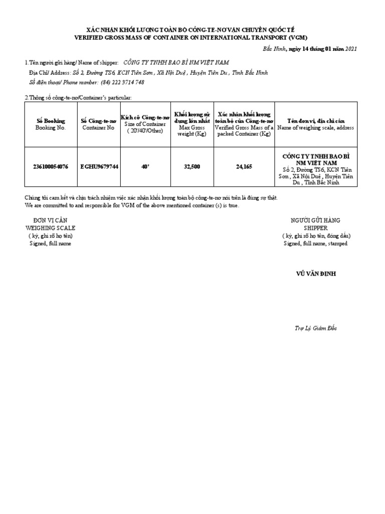Verified Gross Mass (VGM) - 4610033145 | PDF