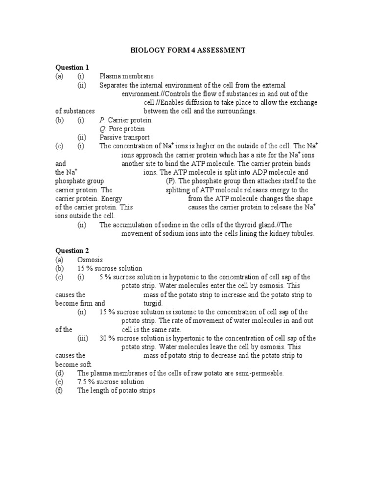 Biology Form 4 Assessment: P: Carrier Protein Q: Pore Protein | PDF ...