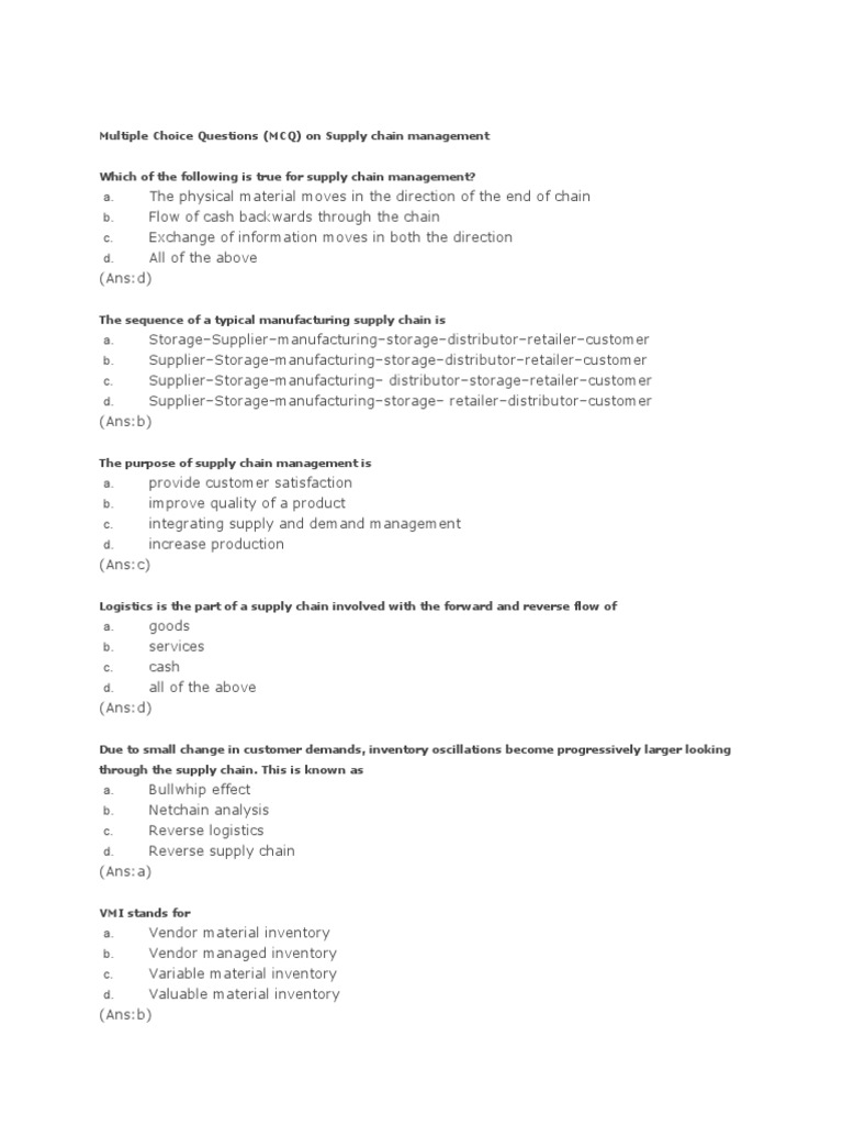 Supply Chain Management MCQs | PDF | Business | Teaching Methods ...