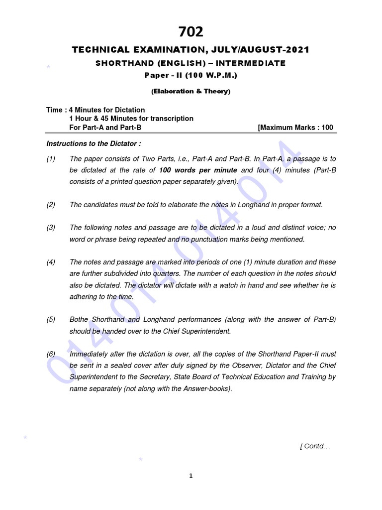 Technical Examination, July/August-2021: Shorthand (English ...
