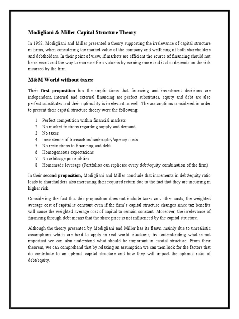 Modigliani and Miller Theory | PDF | Capital Structure | Market (Economics)