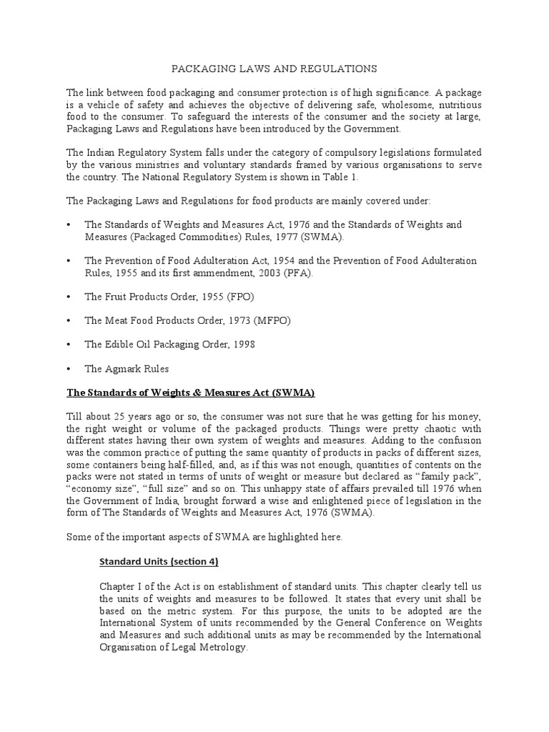Food Packaging Laws in India | PDF | Foods | Measurement
