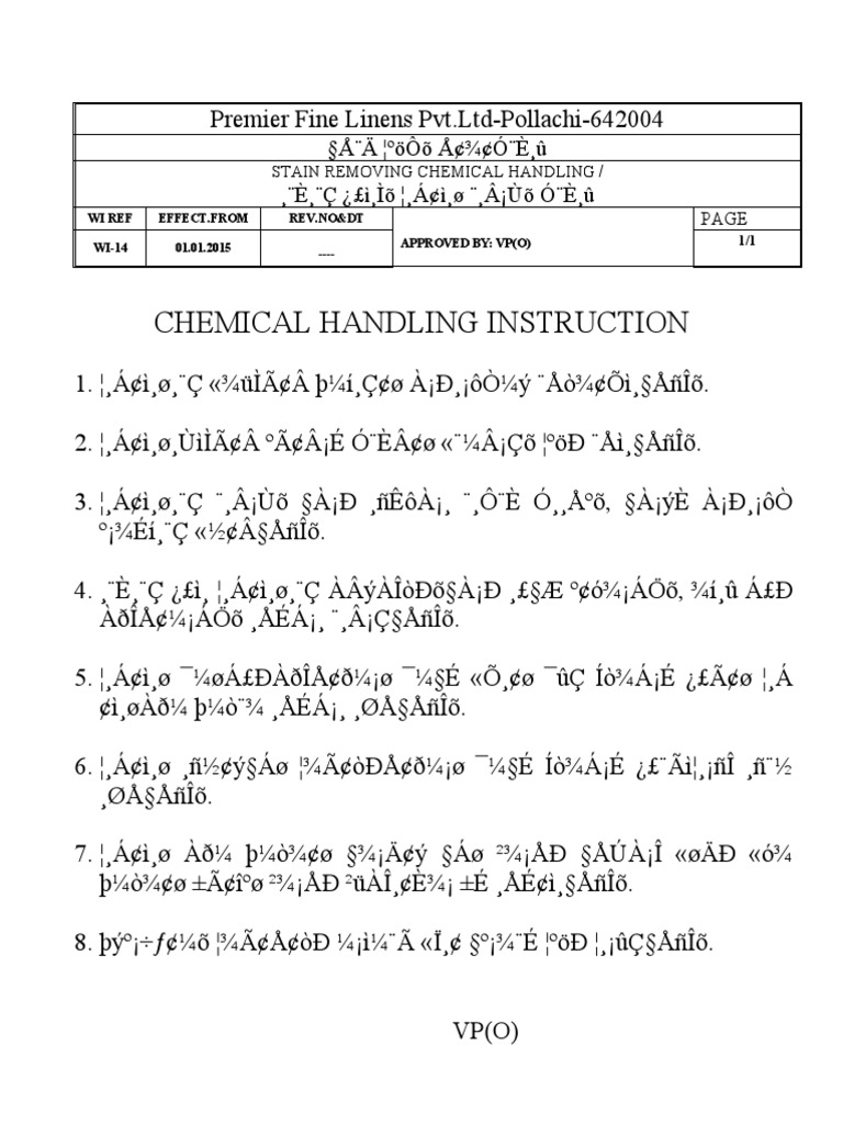 Handling of Chemicals-Work Instructions | PDF