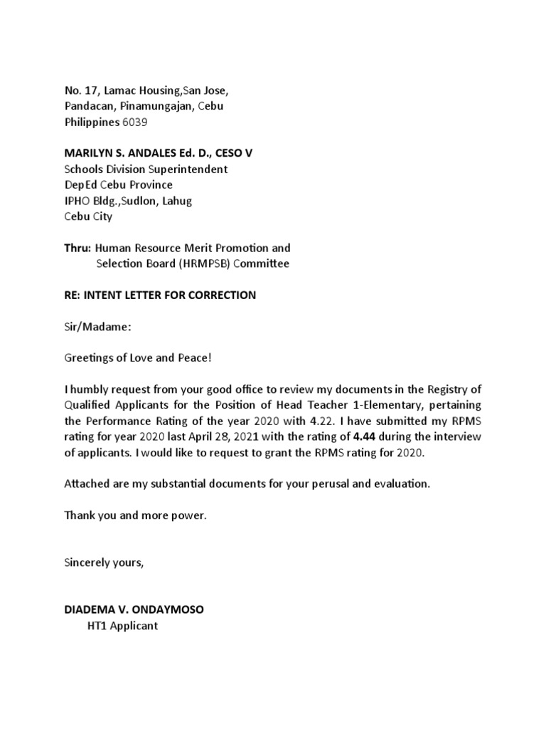 Intent Letter for Rating Correction | PDF