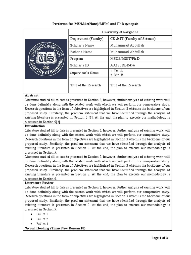 Proforma M.phil-Ph D Synopsis-Sample | PDF | Doctor Of Philosophy | Academia