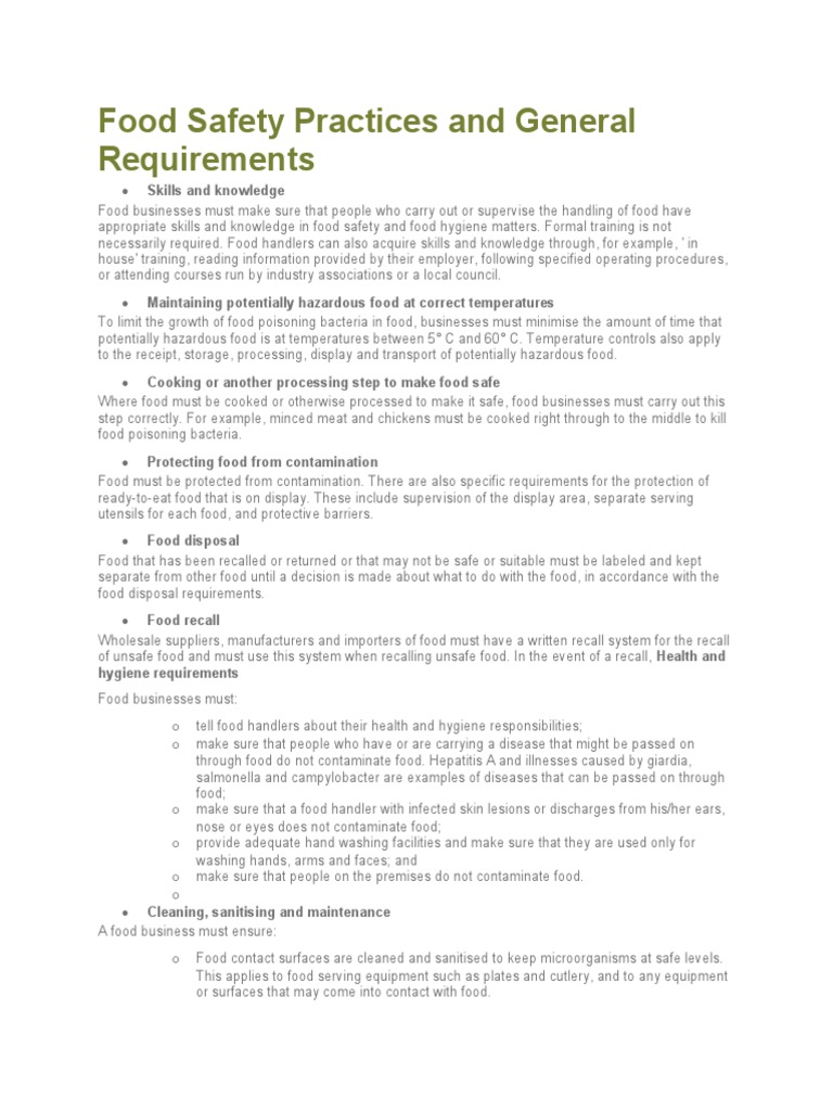 Food Safety Practices and General Requirements | PDF | Foods | Food Safety