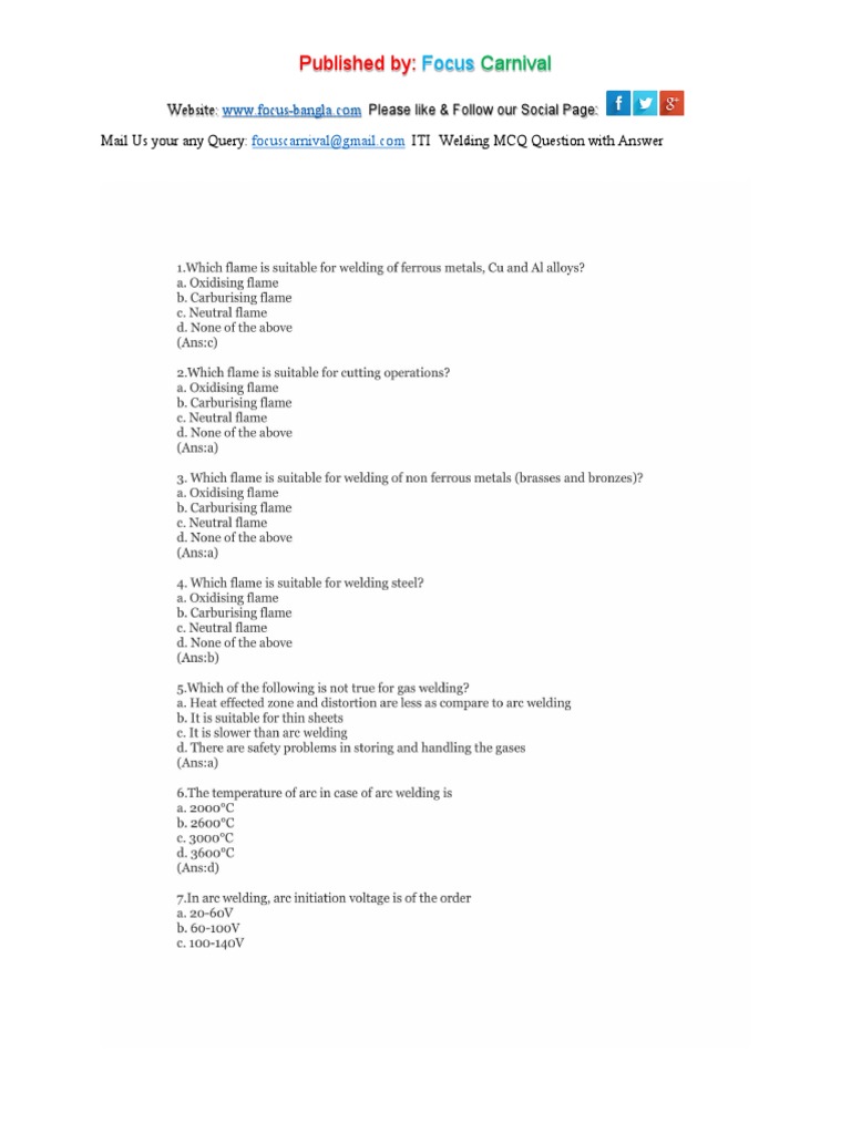 ITI Welding Multiple Choice Question-MCQ With Answer PDF | PDF | Career ...