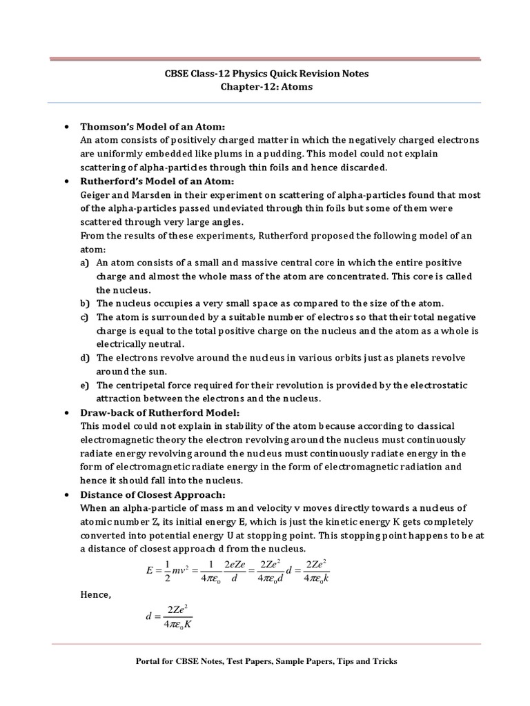 CBSE Class-12 Physics Quick Revision Notes Chapter-12: Atoms | PDF ...