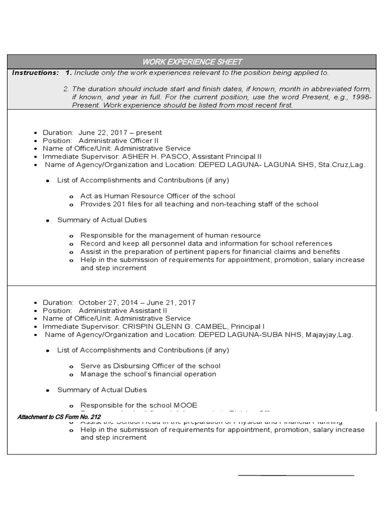 Cs Form No. 212 Attachment Work Experience Sheet | PDF | Business
