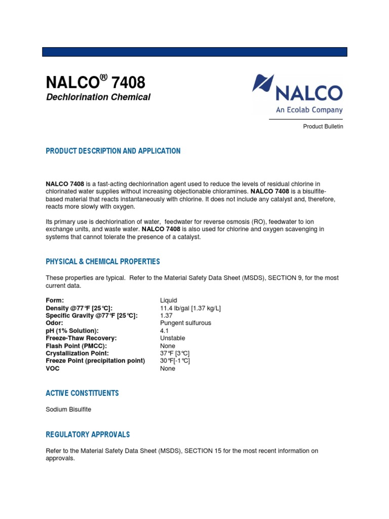 PB NALCO7408DechlorinationChemical | PDF | Stainless Steel | Chlorine