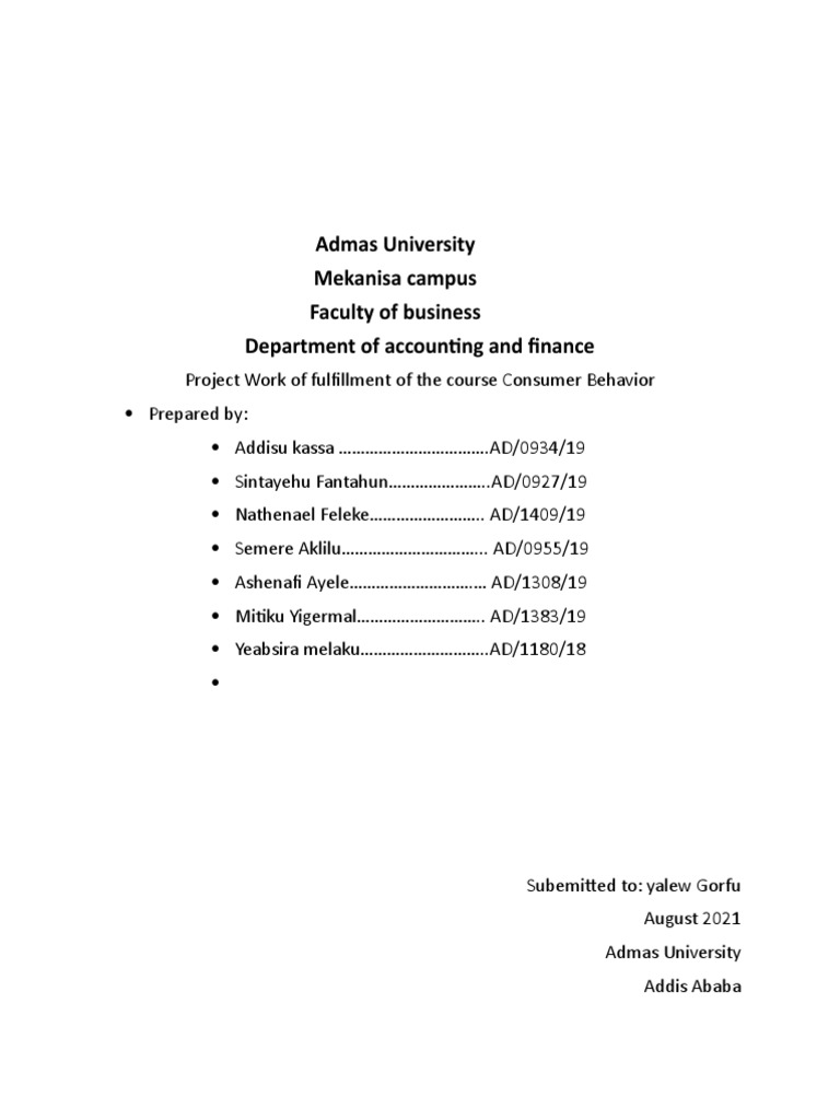 Admas University Mekanisa Campus Faculty Of Business Department Of Accounting And Finance Pdf 