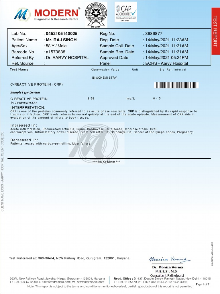 Lab Report New | PDF | C Reactive Protein | Health Sciences