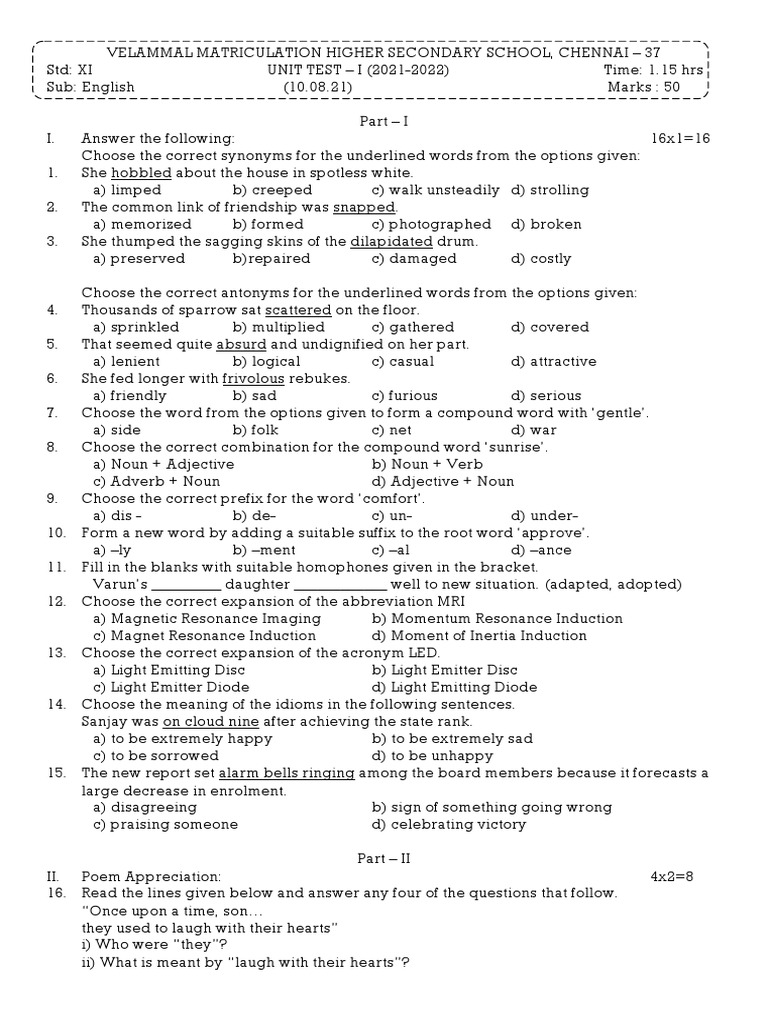 English Unit Test - Class XI | PDF | Noun | Human Communication