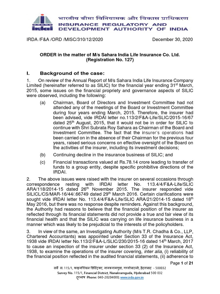 IRDAI Order on Sahara Life Insurance | PDF | Reserve Bank Of India ...