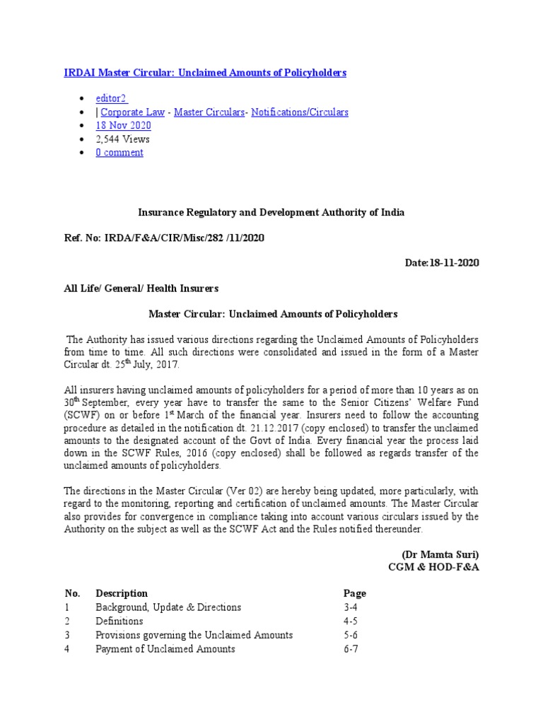 IRDAI Master Circular Unclaimed Amounts of Policyholders Full Text ...