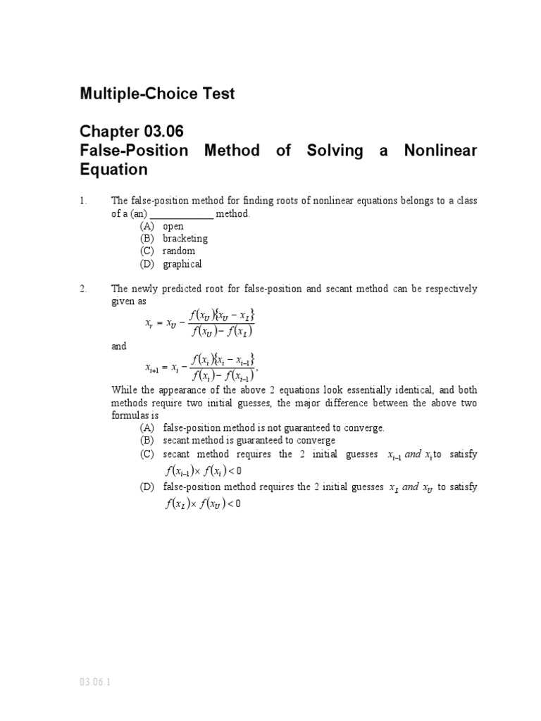 Multiple-Choice Test False-Position Method of Solving A Nonlinear ...