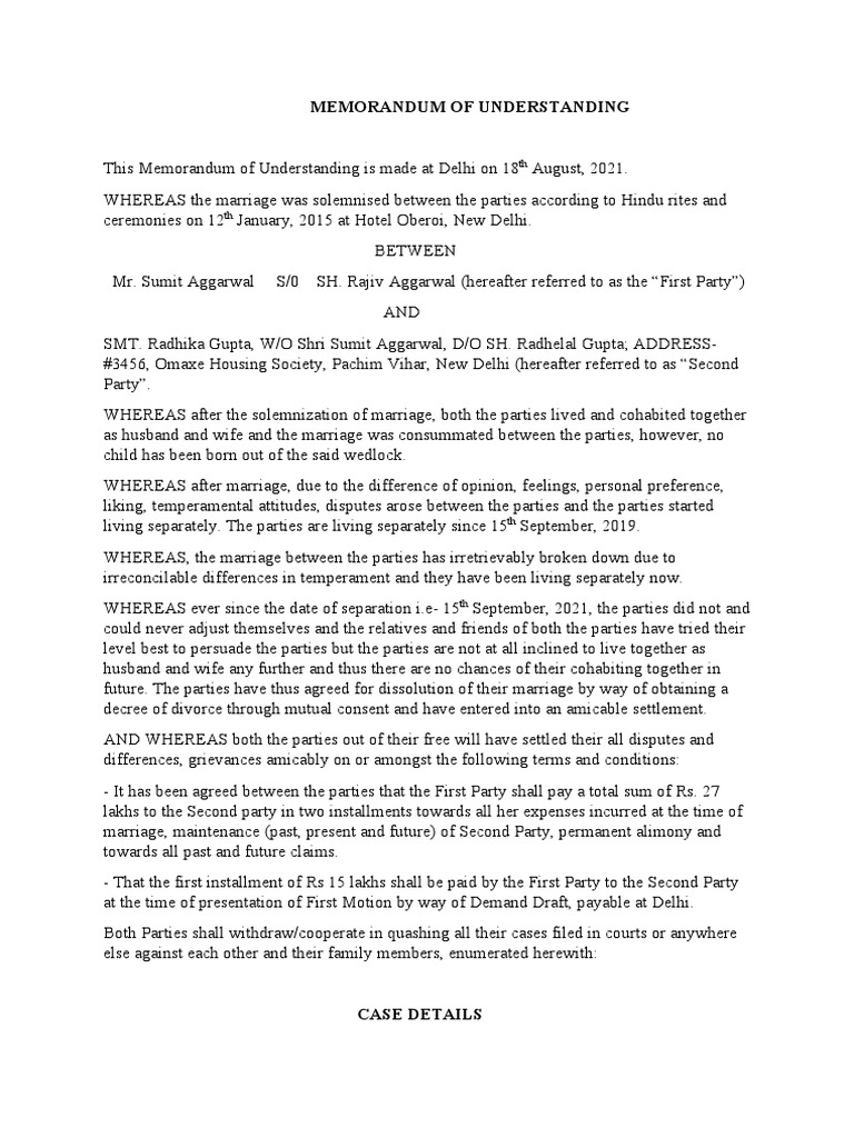 Memorandum of Understanding - Divorce | PDF | Marriage | Divorce