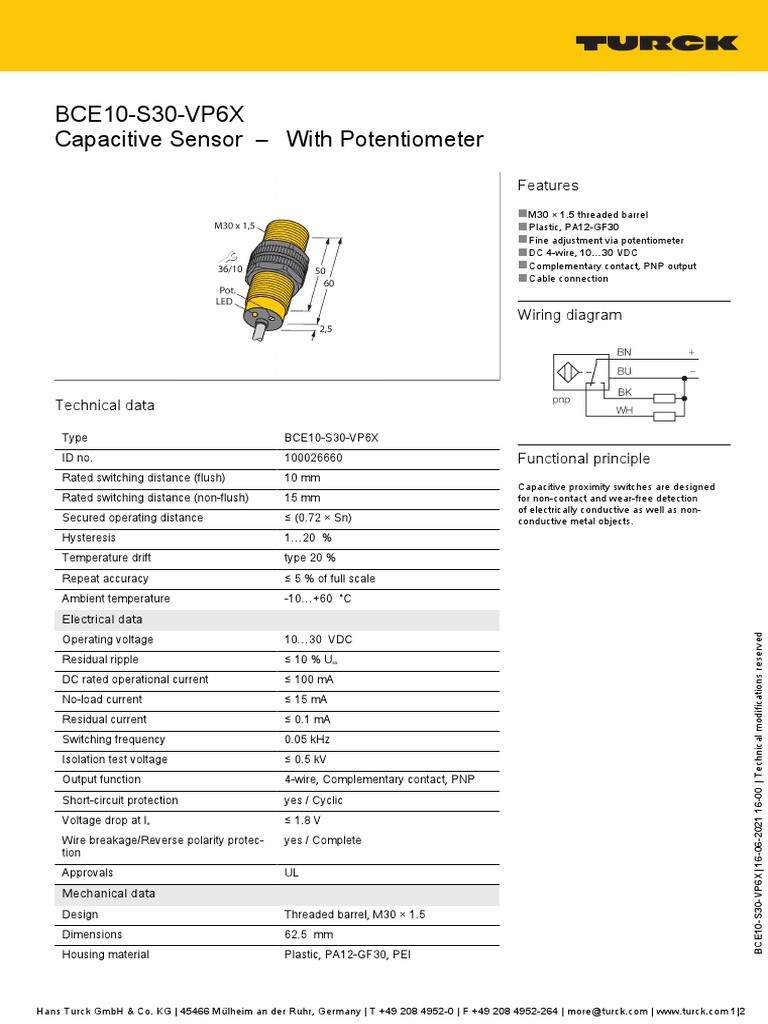 BCE10-S30-VP6X Capacitive Sensor - With Potentiometer: Features | PDF ...