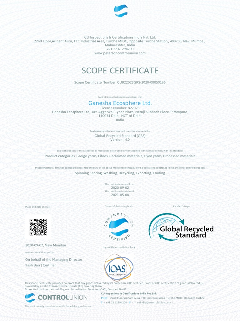 GRS Scope Certificate 2020 | PDF | Recycling | Textiles