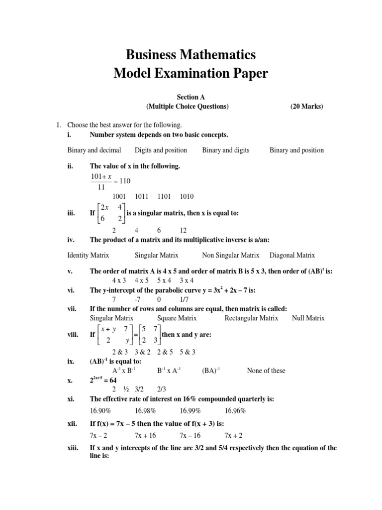 Business Mathematics - Model Paper | PDF | Matrix (Mathematics) | Interest