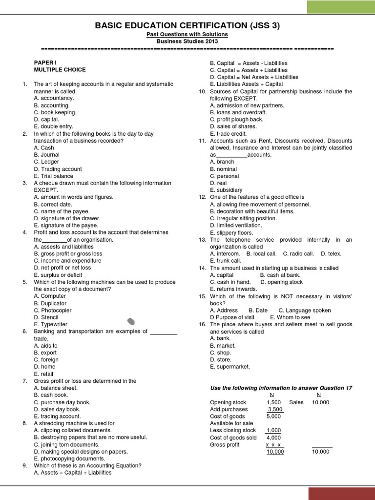 Junior WAEC Past Question - Business Studies (PDF - Io) | PDF | Debits ...